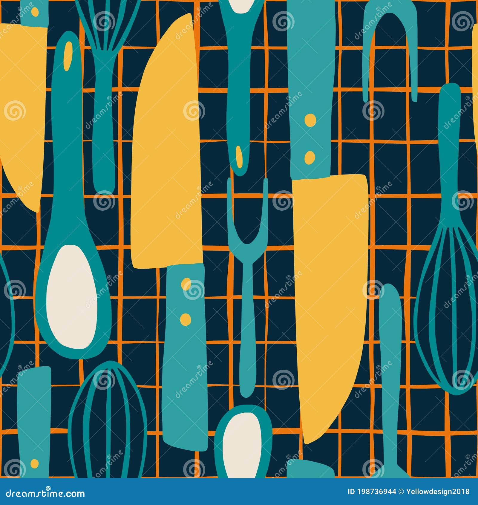 Bright Seamless Stylized Kitchen Tools Pattern with Knife, Spoon, Fork ...