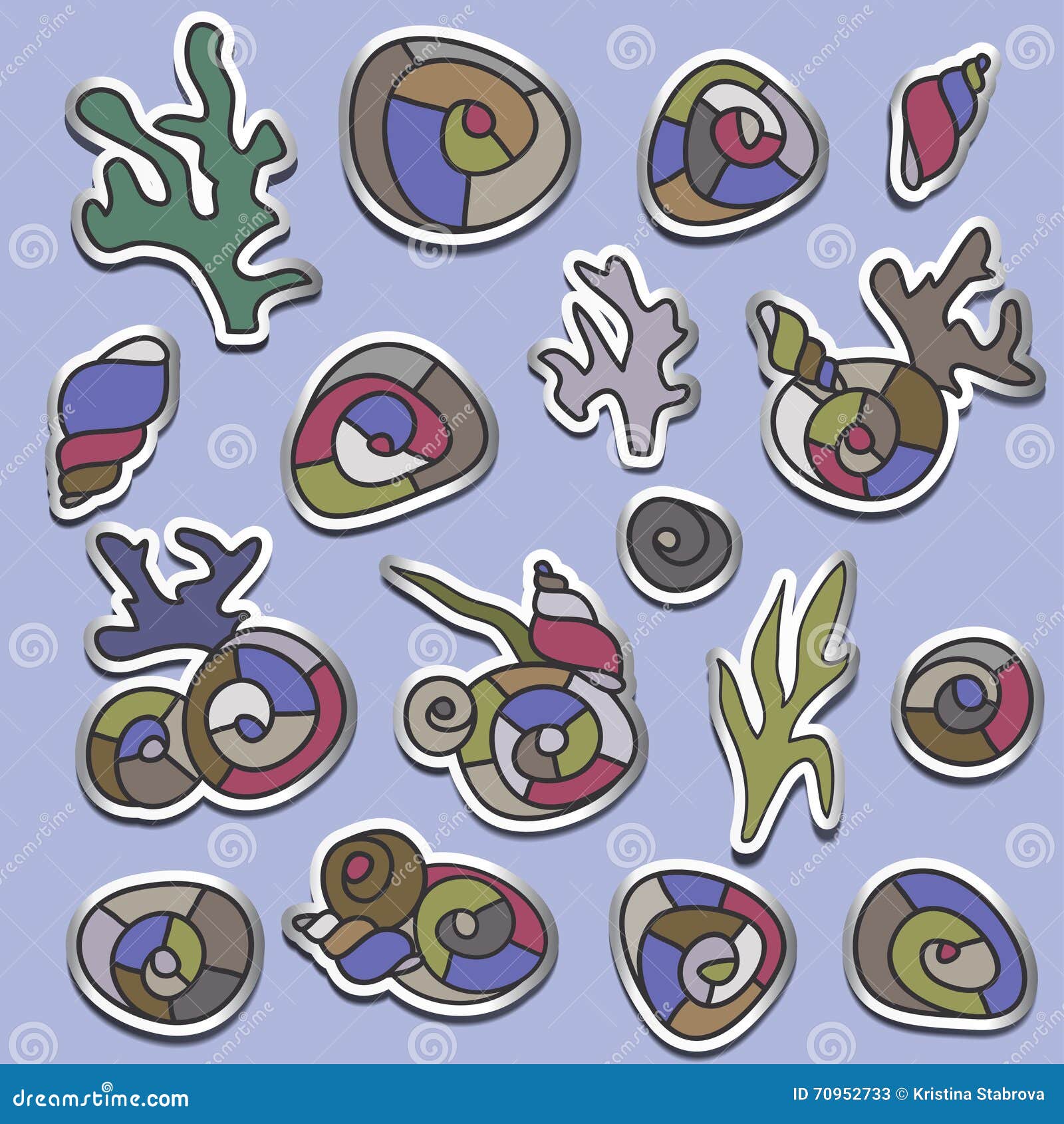 Bright Seashells, Corals, Algae Stickers. Stock Vector - Illustration ...