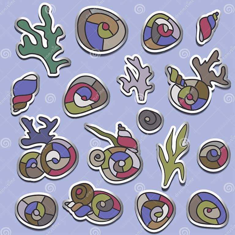 Bright Seashells, Corals, Algae Stickers. Stock Vector - Illustration ...