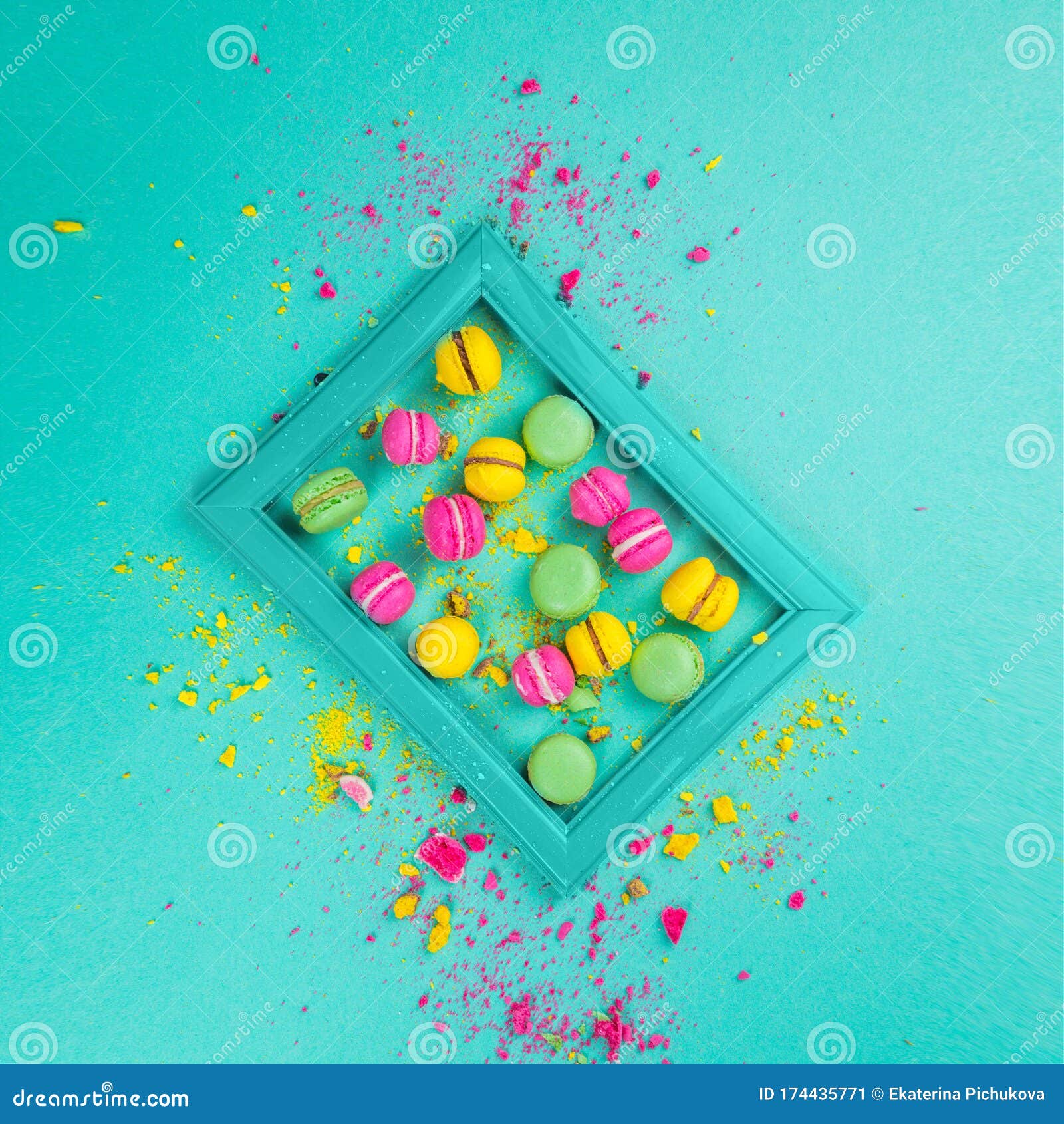 Bright Small Colored Macaroons on a Mint Background. Colored Sweets ...