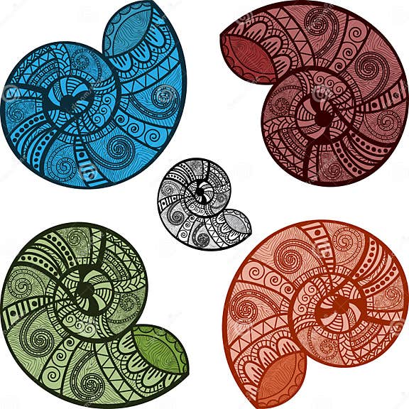 Bright Snail Shells with Ethnic Patterns Stock Vector - Illustration of ...