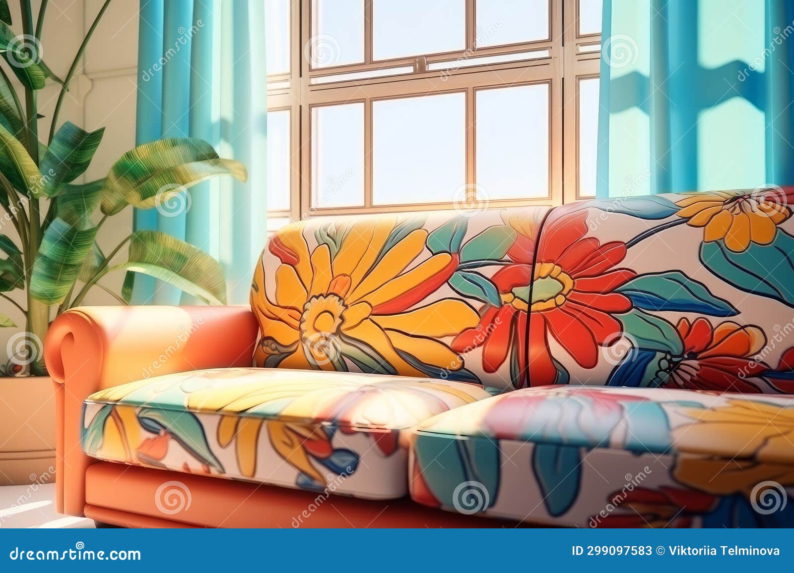 Bright Sofa with Floral Pattern in the Living Room, Pop Art Style ...