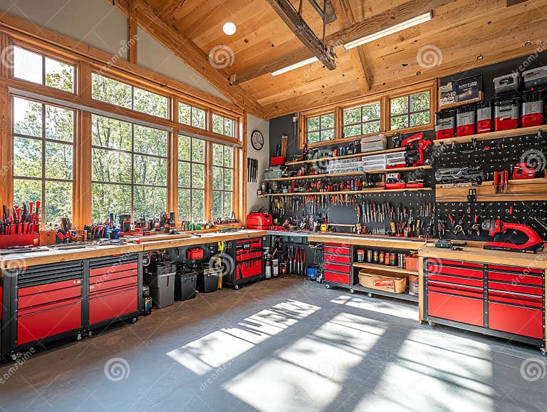 Bright and Spacious Garage Workshop with Multiple Workbenches and ...