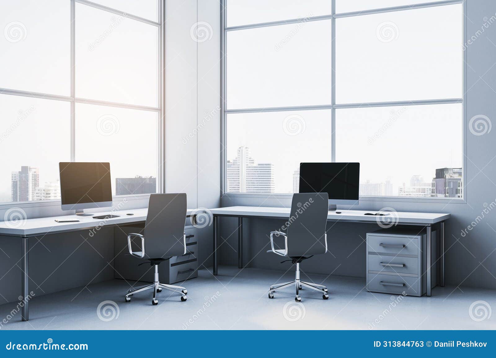 Bright Spacious Light Coworking Office Interior with Panoramic Windows ...