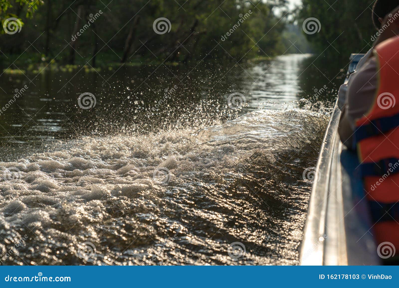 Bright Splash from River Water with Side Edge of Travel Speed Boat ...