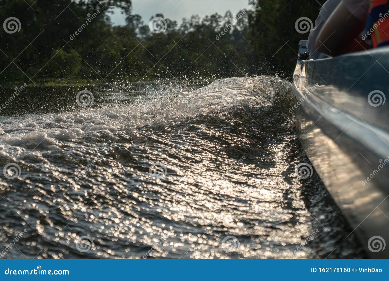 Bright Splash from River Water with Side Edge of Travel Speed Boat ...