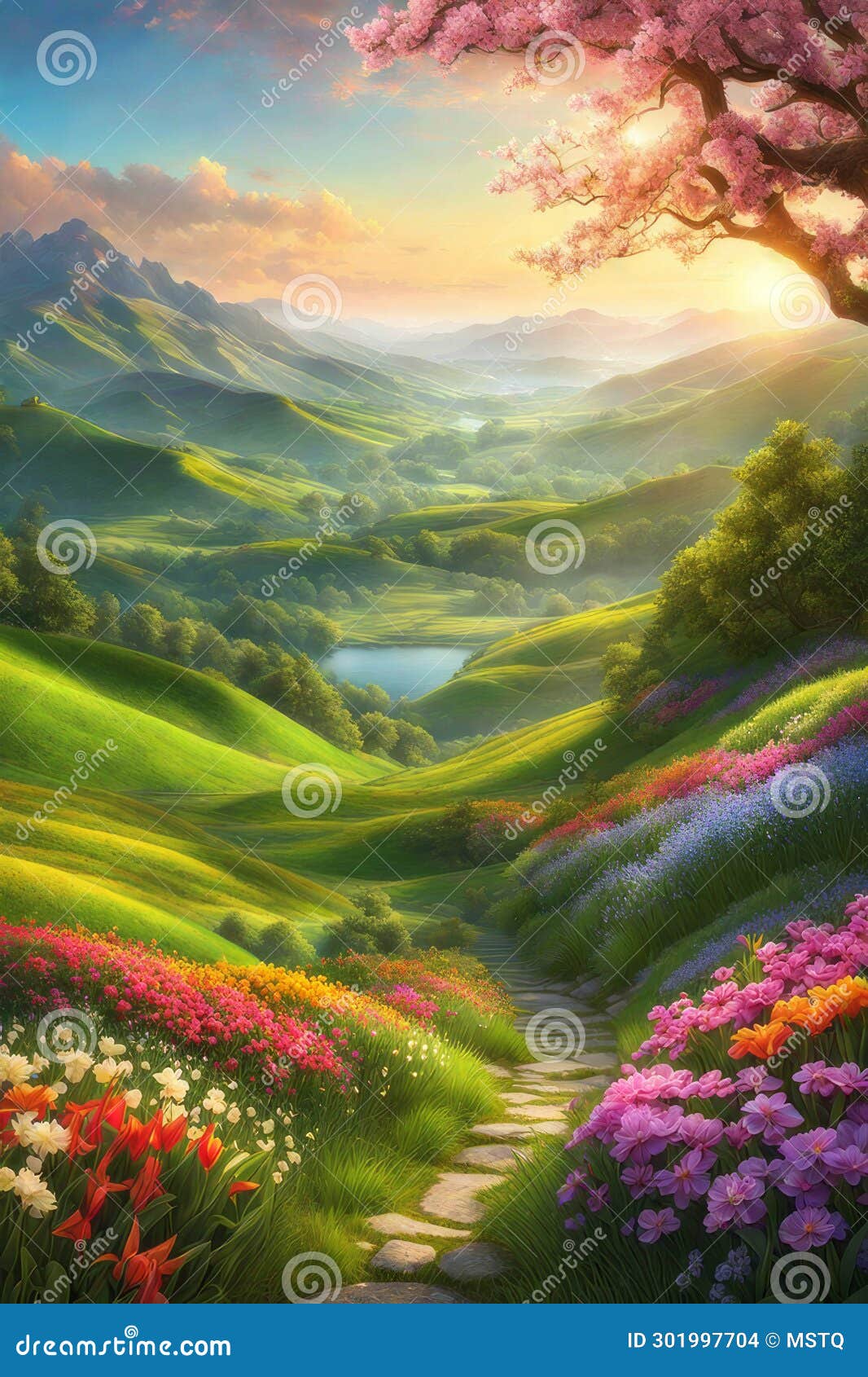 Bright Spring Landscape, Magic Valley, Illustration, Ai Generated Stock ...