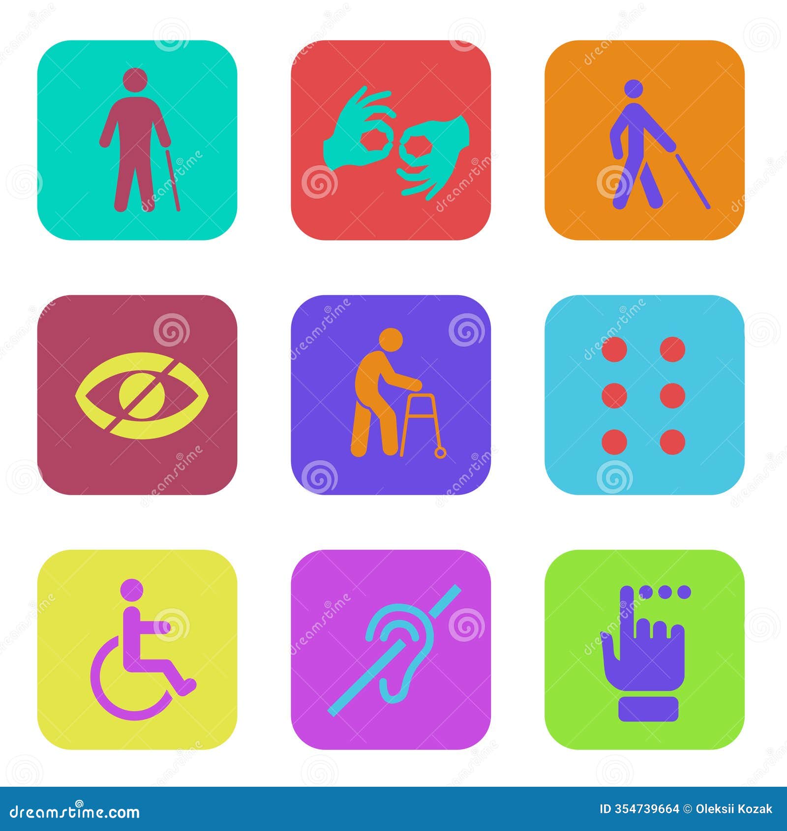 Bright Square Signs for People with Special Needs. Set of Disability ...