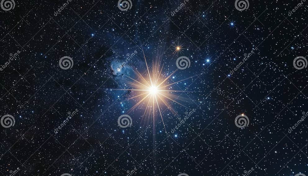 Bright Star Shining in a Clear Night Sky Filled with Distant Galaxies ...
