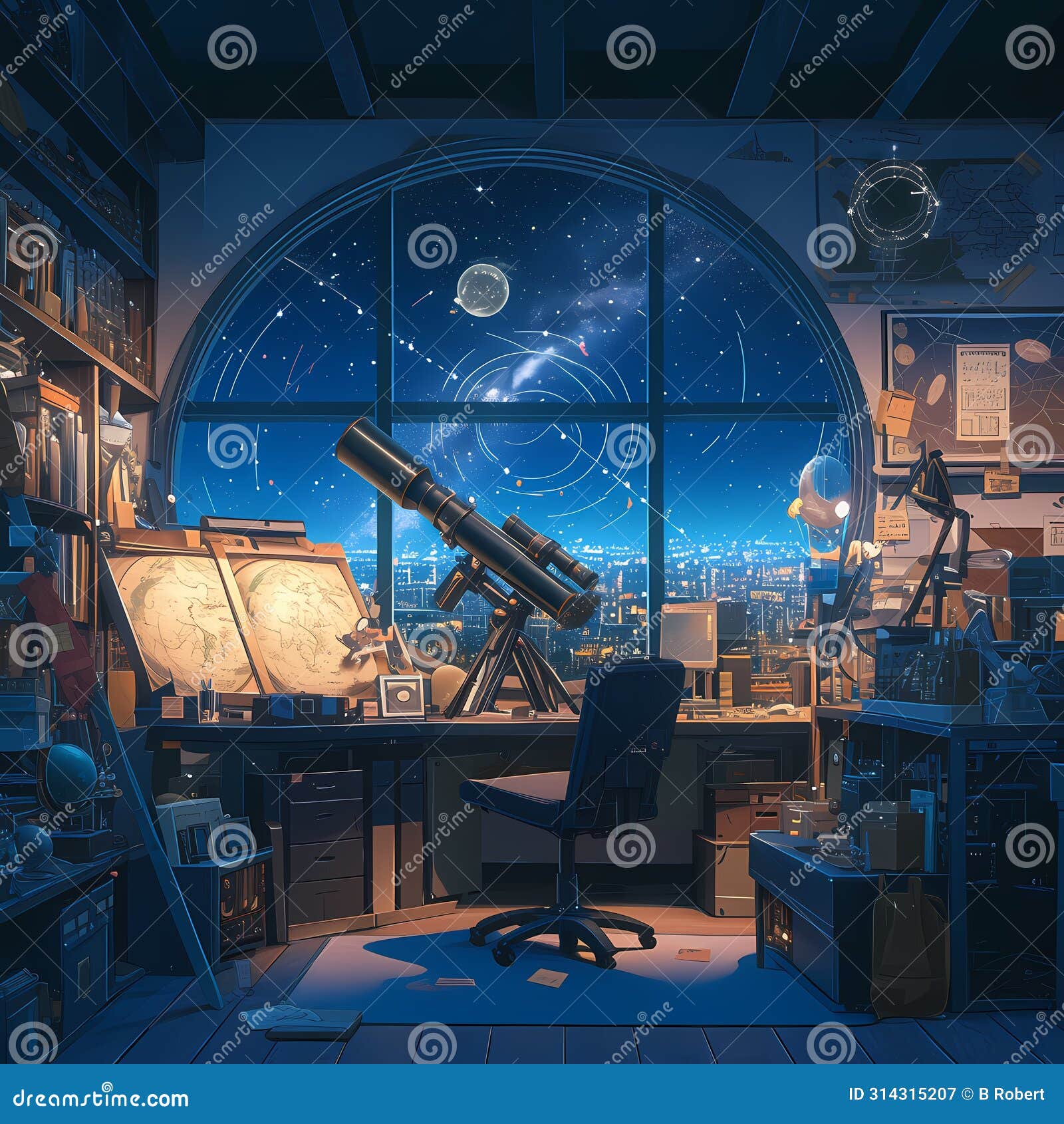 Bright Starry Sky in Office Window, Science-Themed Stock Illustration ...