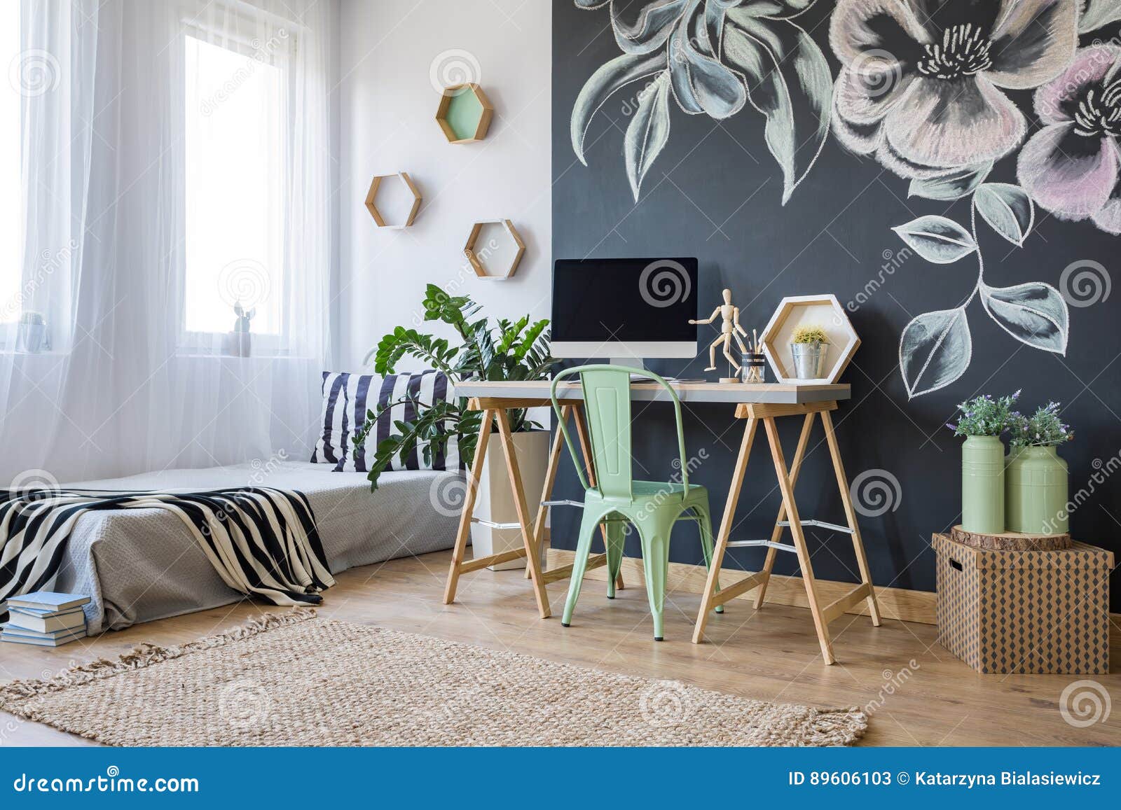 Bright studio apartment stock image. Image of flowerpot - 89606103