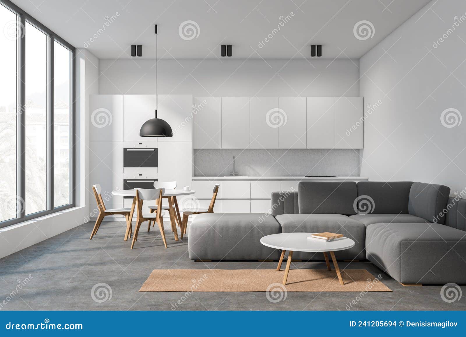Bright Studio Room Interior with Panoramic Window, Sofa Stock ...