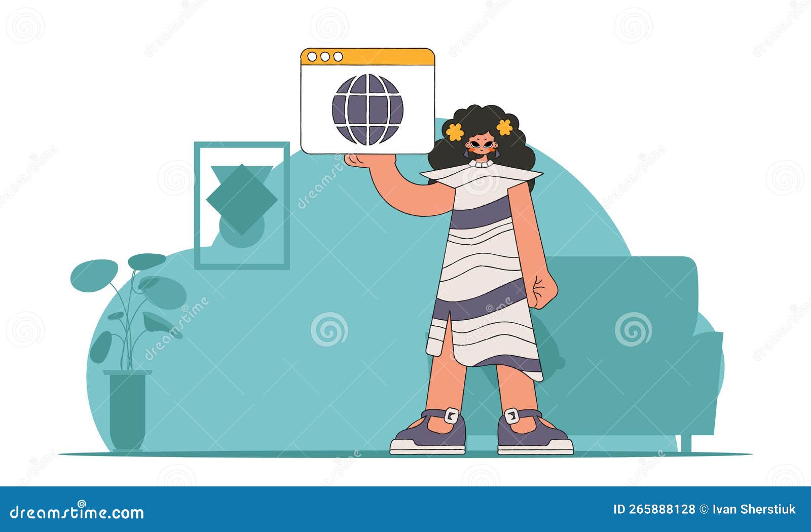 A Bright and Stylish Illustration of a Girl Using a Web Browser. Bright ...