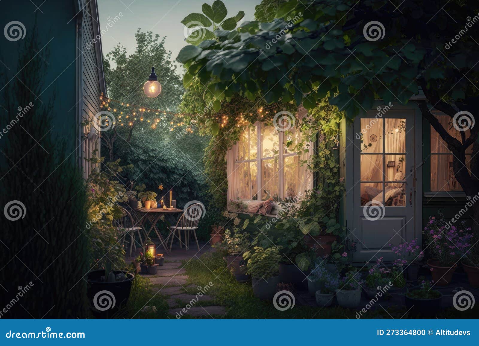 Bright Summer Evening with Light Illuminated Greenery in Cute Cozy ...