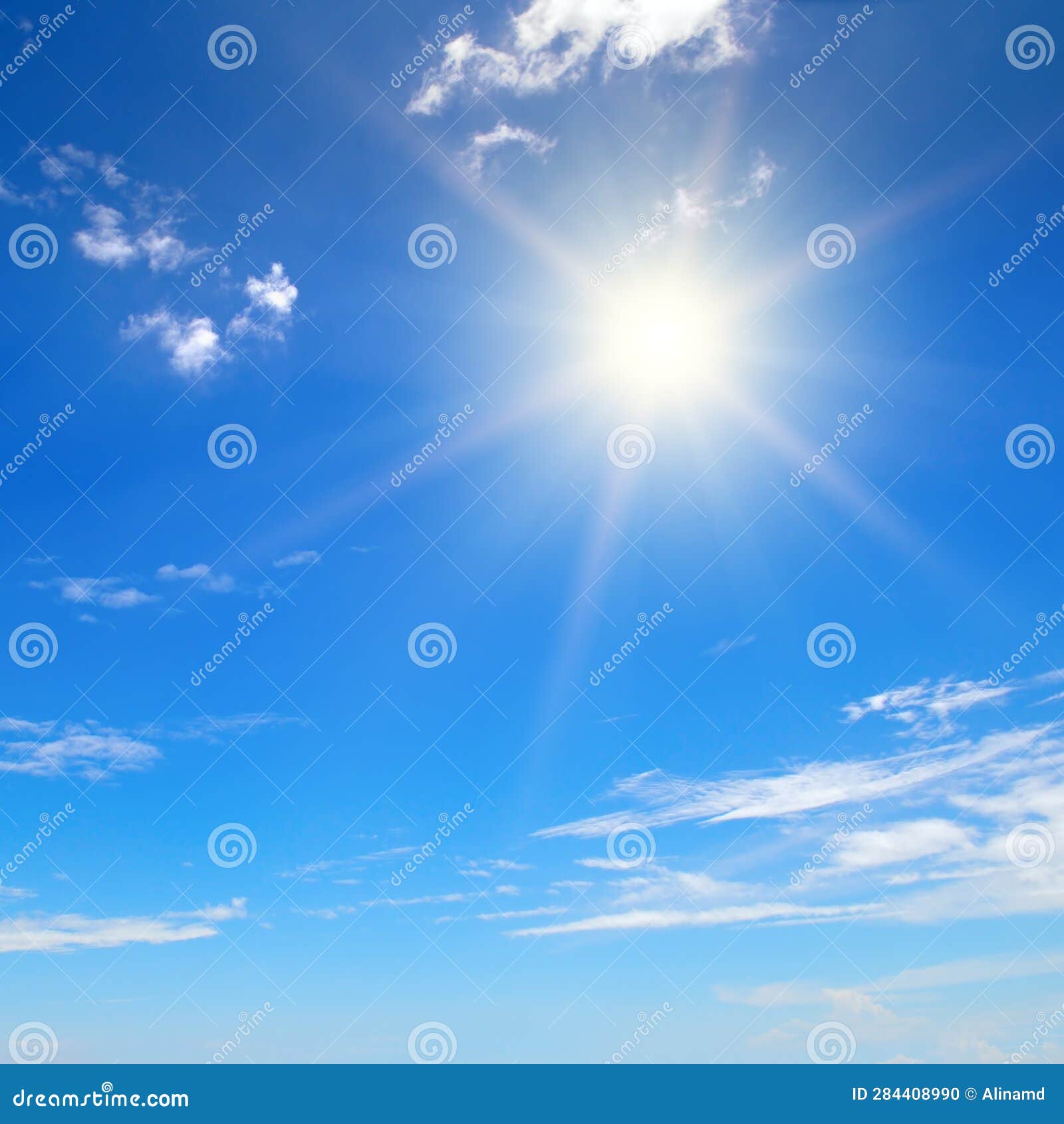 Bright Sun, Blue Sky and Light Clouds Stock Photo - Image of atmosphere ...
