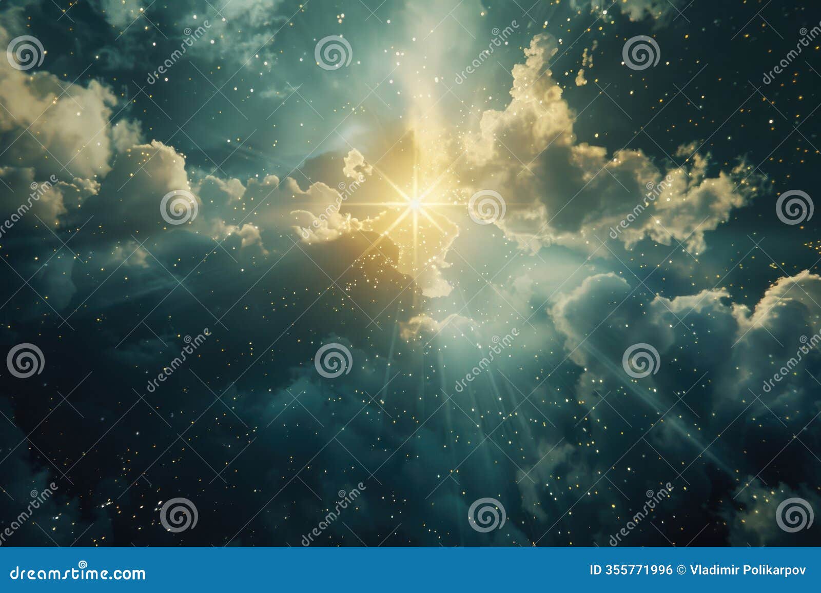 A Bright Sunbeam Passes through Puffy White Clouds Stock Photo - Image ...