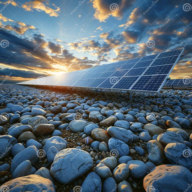 Sunrise Over a Solar Panel Array Set Amongst Smooth Stones at Dawn ...