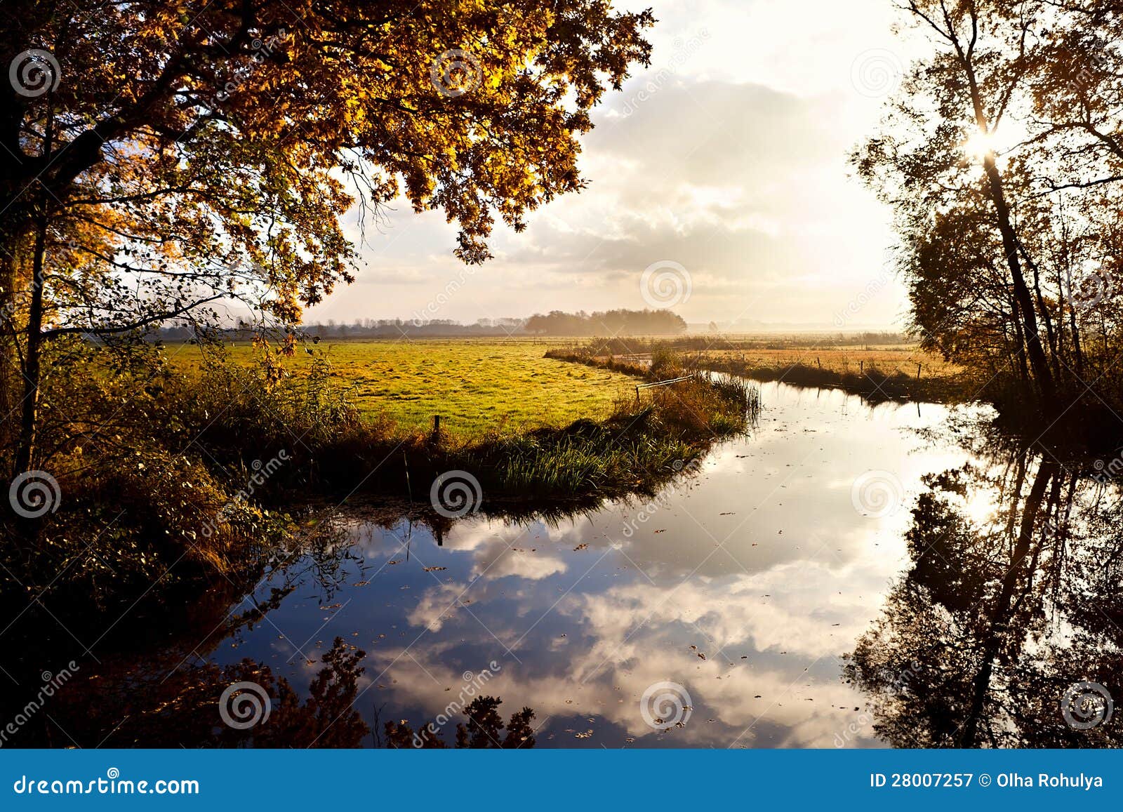 Bright sunrise over river stock image. Image of grass - 28007257