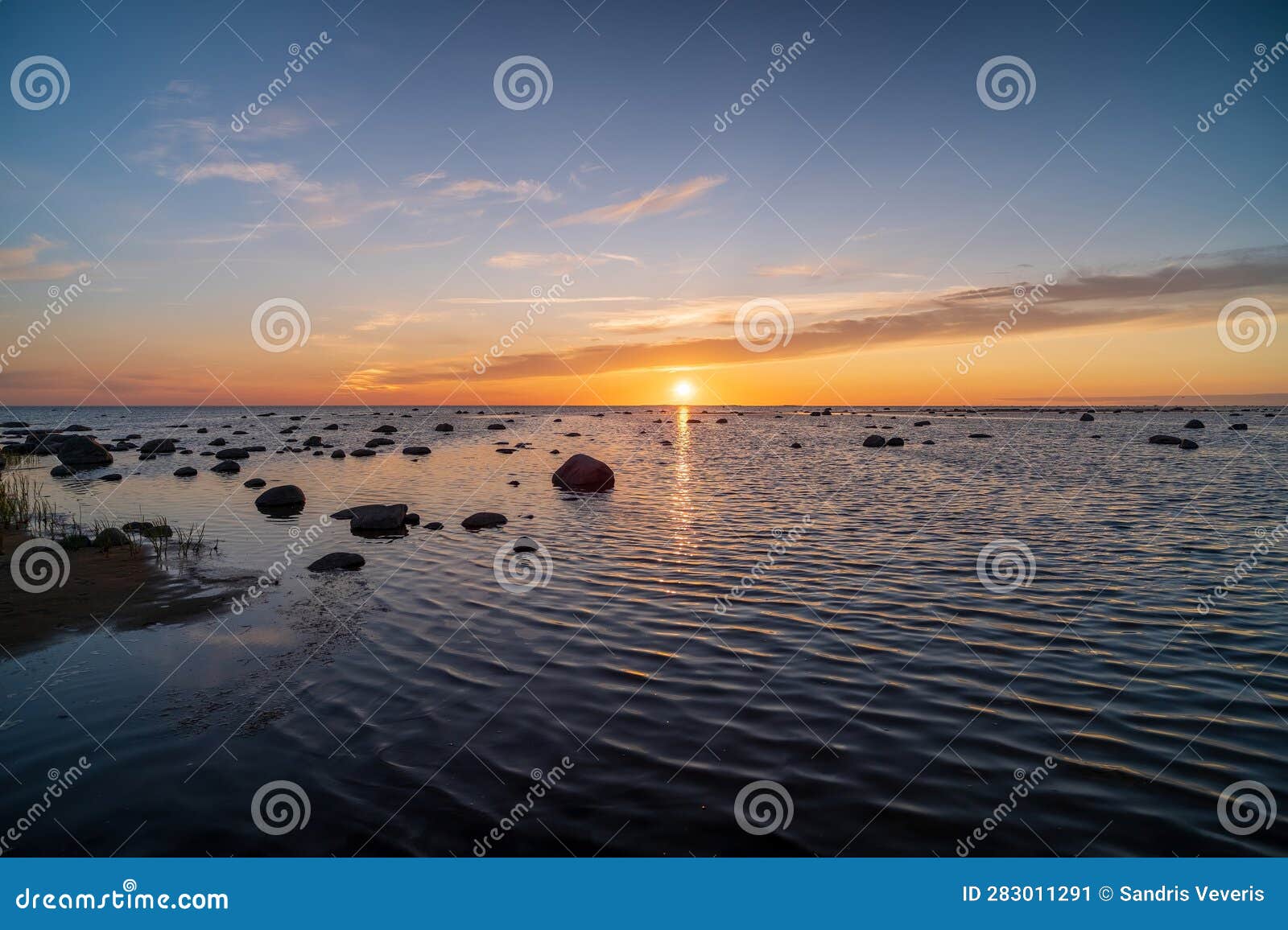 Bright Sunset with Large Yellow Sun Under the Sea Surface. Stock Image ...