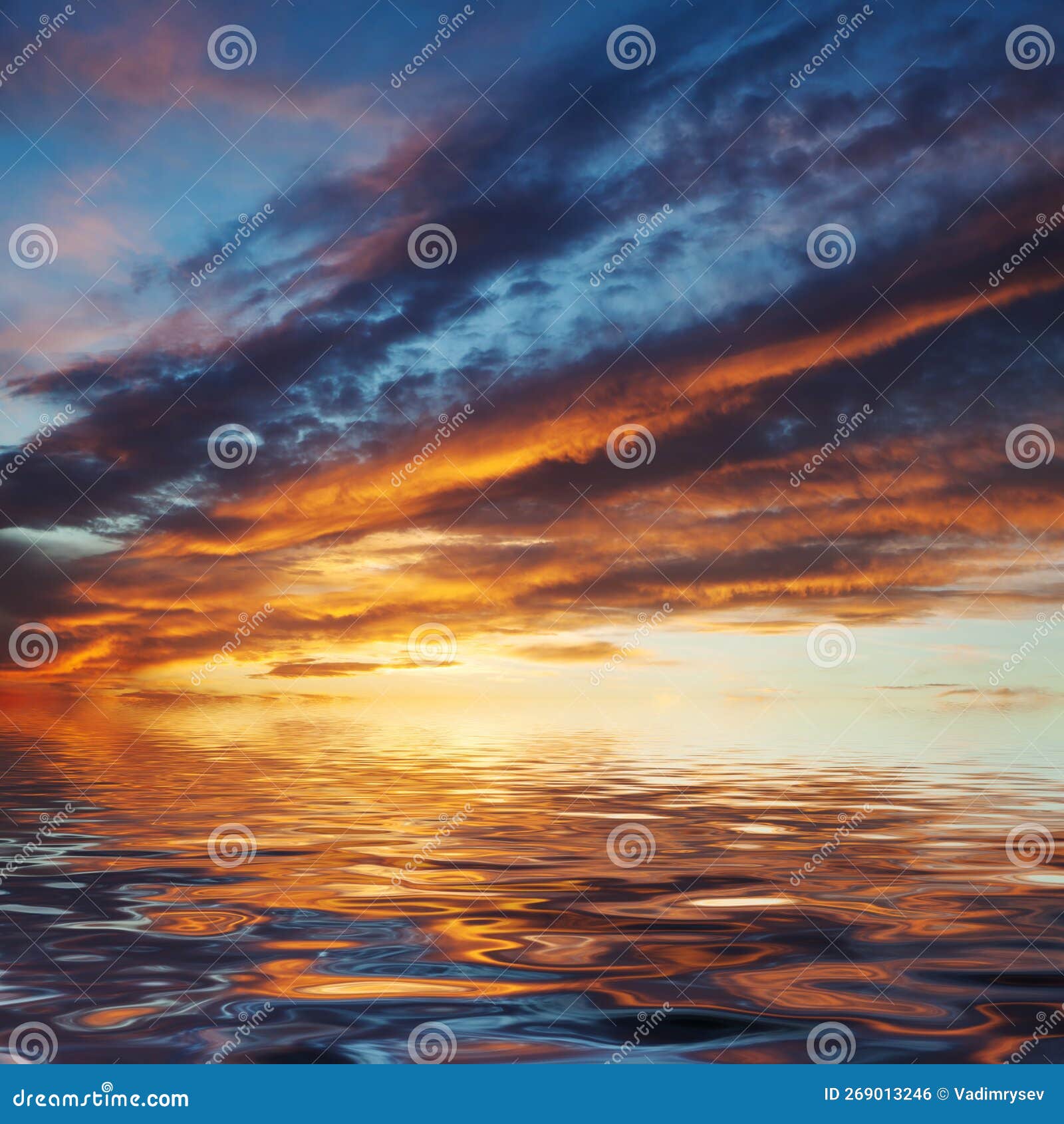 Bright Sunset Sky with Clear White Clouds. Ocean with Sky Reflection ...