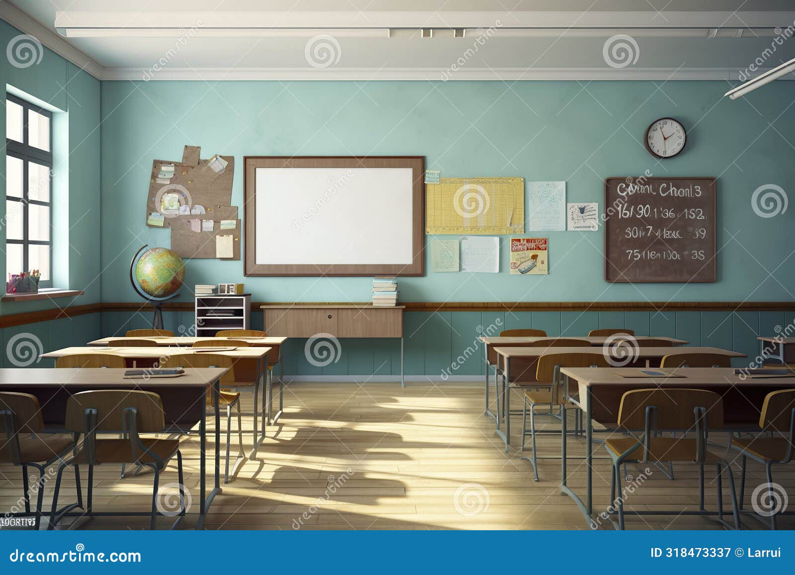 A Tidy Classroom With A Large Map Of The World Hanging On The Wall ...