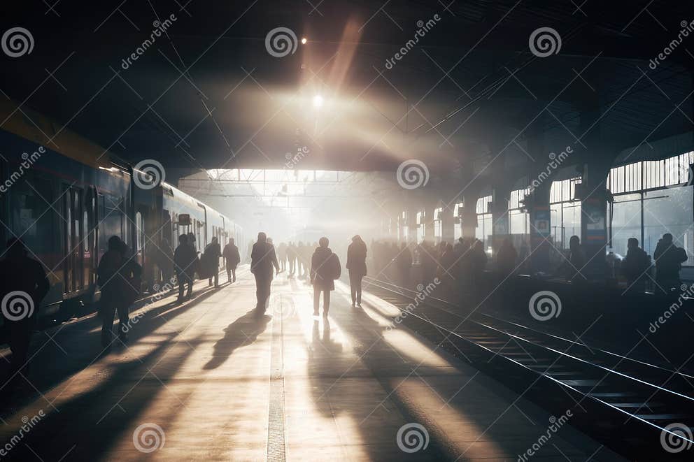 Bright Train Station Filled with People, Shadows Adding Depth Stock ...