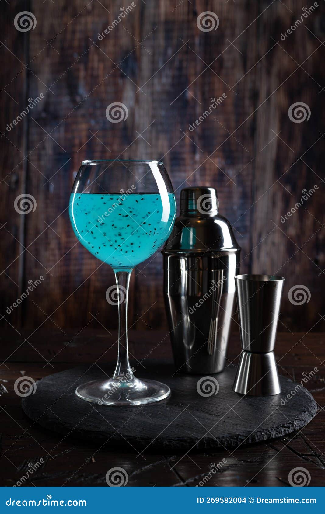 Bright Turquoise Cocktail and Shaker. Cocktail on the Bar. Shaker and ...