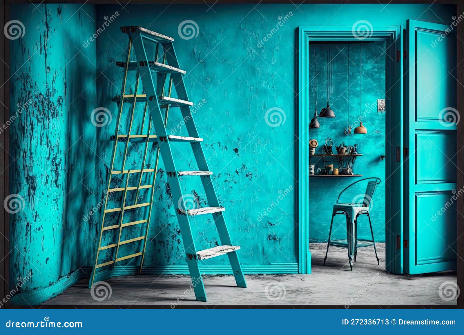 Bright Turquoise Interior and Different Step Ladder Against Wall Stock ...