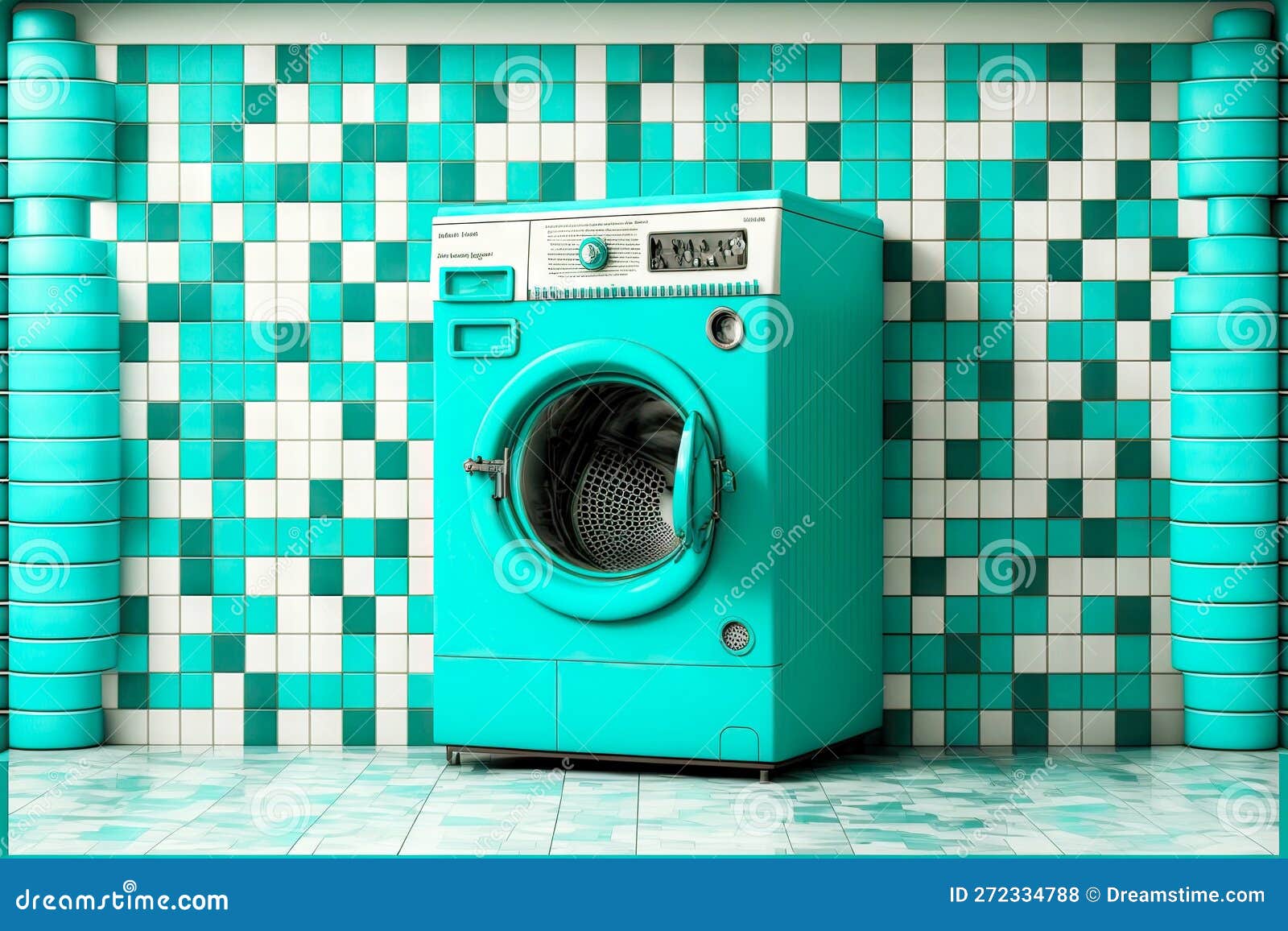 Bright Turquoise Machine Washing with Large Load on Background of Tile ...