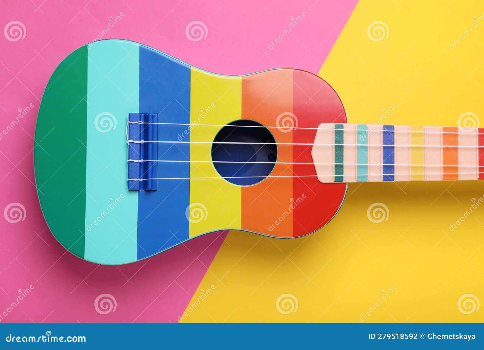 Bright Ukulele on Color Background, Top View. String Musical Instrument ...