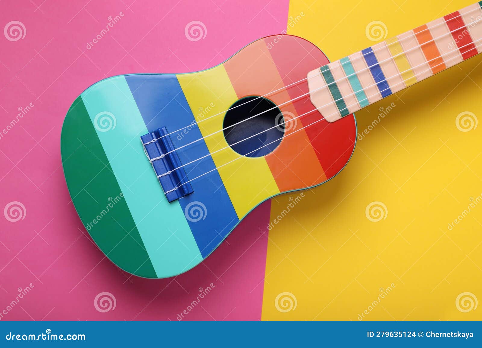 Bright Ukulele on Color Background, Top View. String Musical Instrument ...