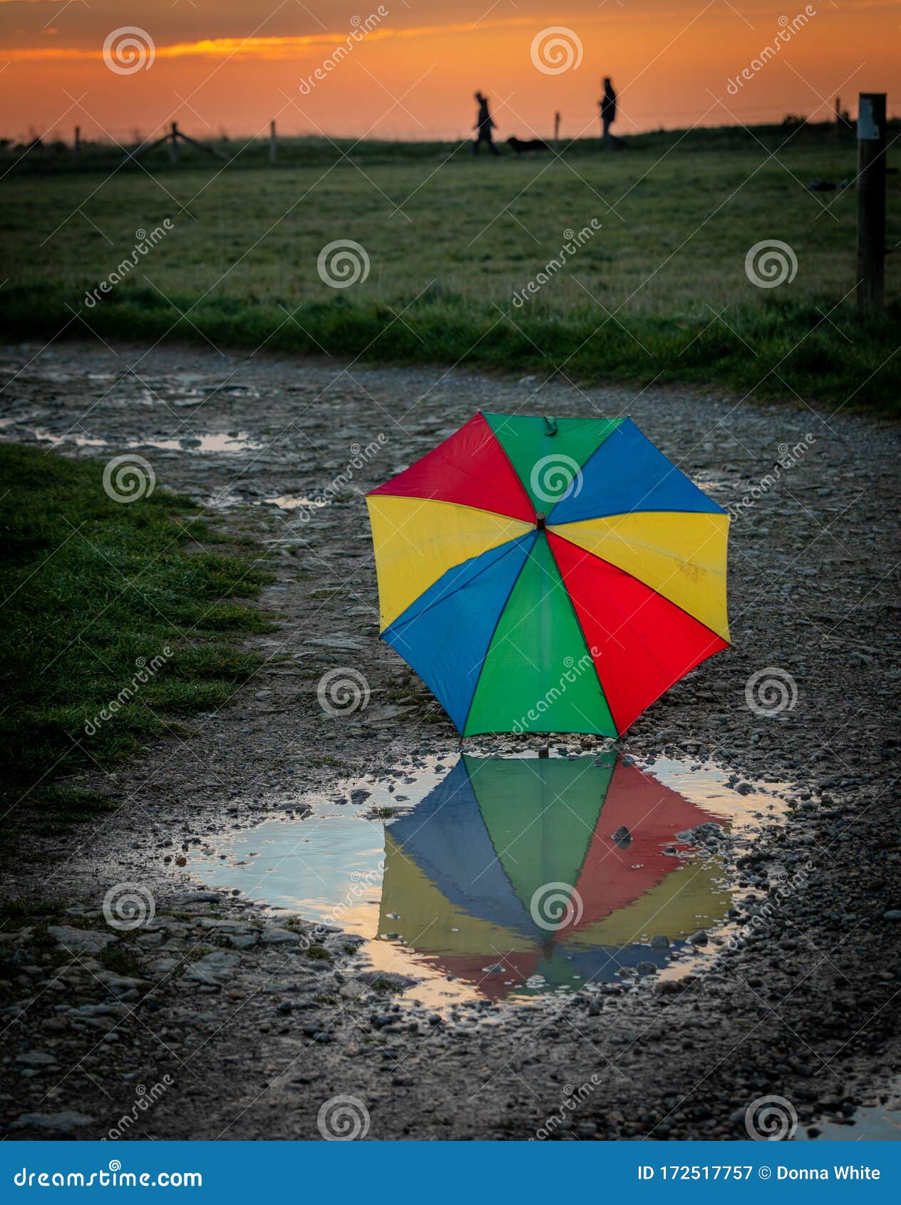 Bright Umbrella Reflection on Track at Sunset Stock Image - Image of ...