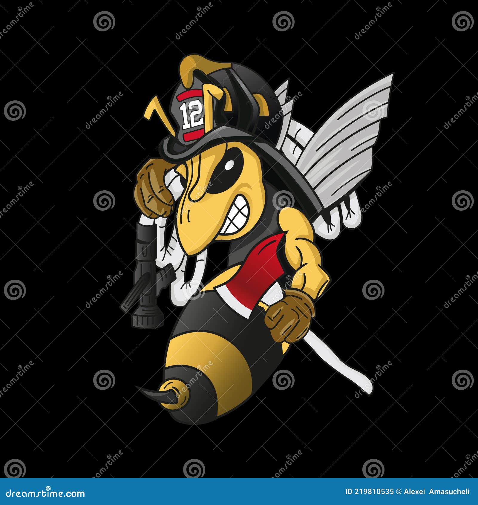 Bee Firefighter With A Hose And An Ax. Illustration On A Black ...