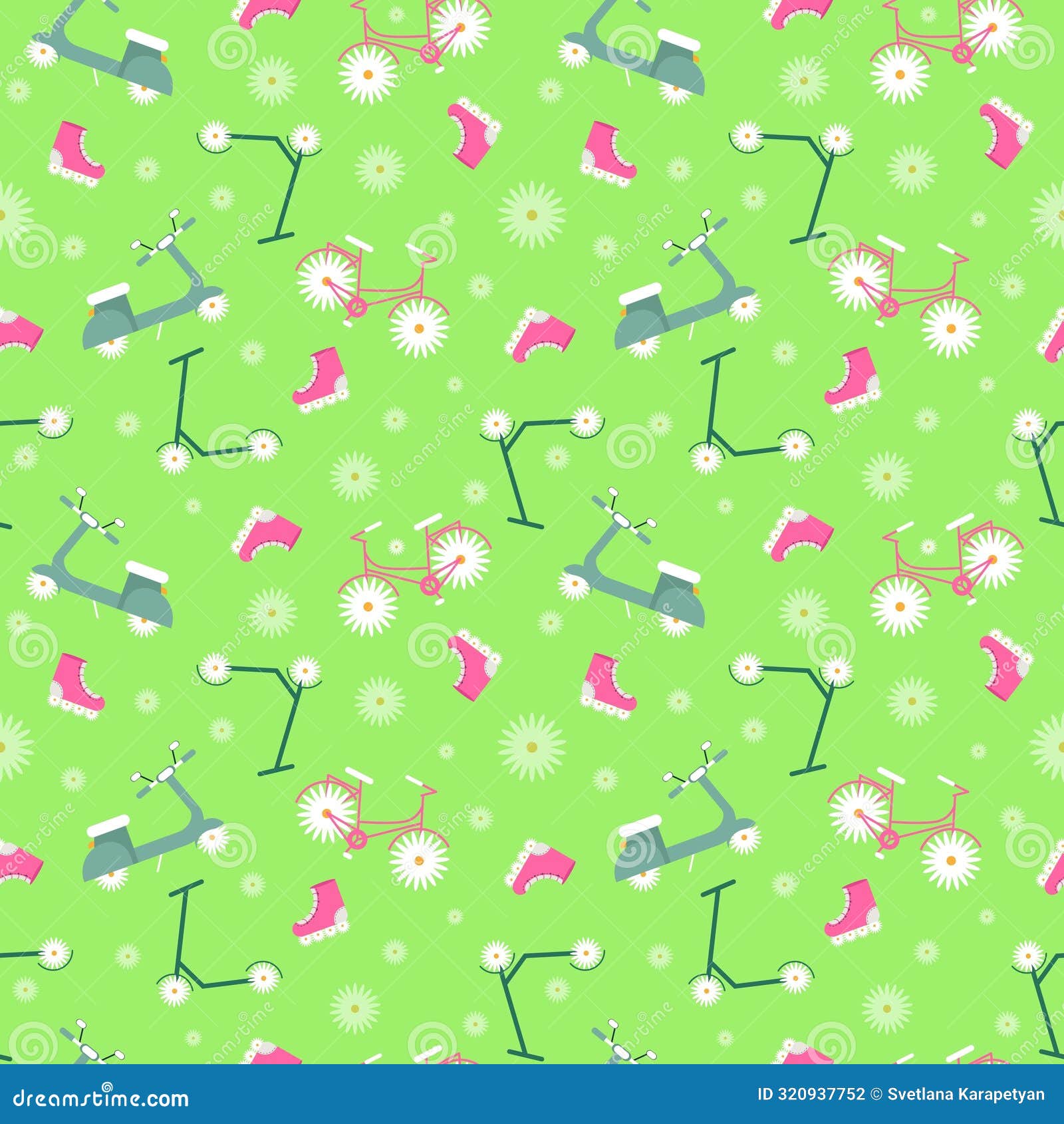 Vector Seamless Pattern with Creative Scooter and Rollers, Bicycle and ...