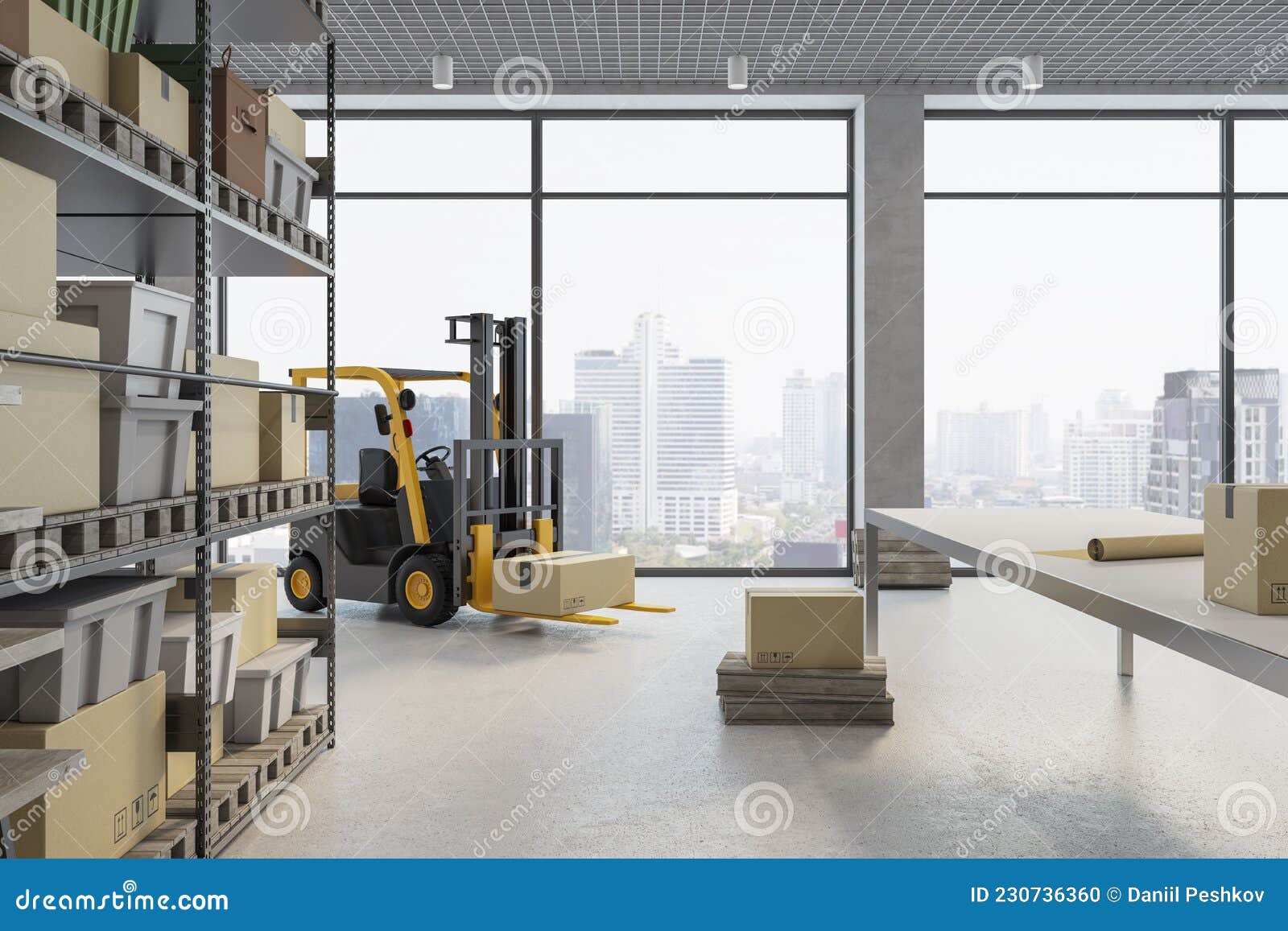 Bright Warehouse with Racks, Boxes, City View and Daylight. Logistics ...
