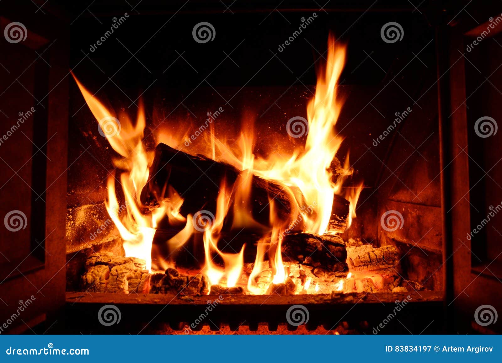 Bright and Warm Melted Fireplace with Flames and Sparks Stock Image ...
