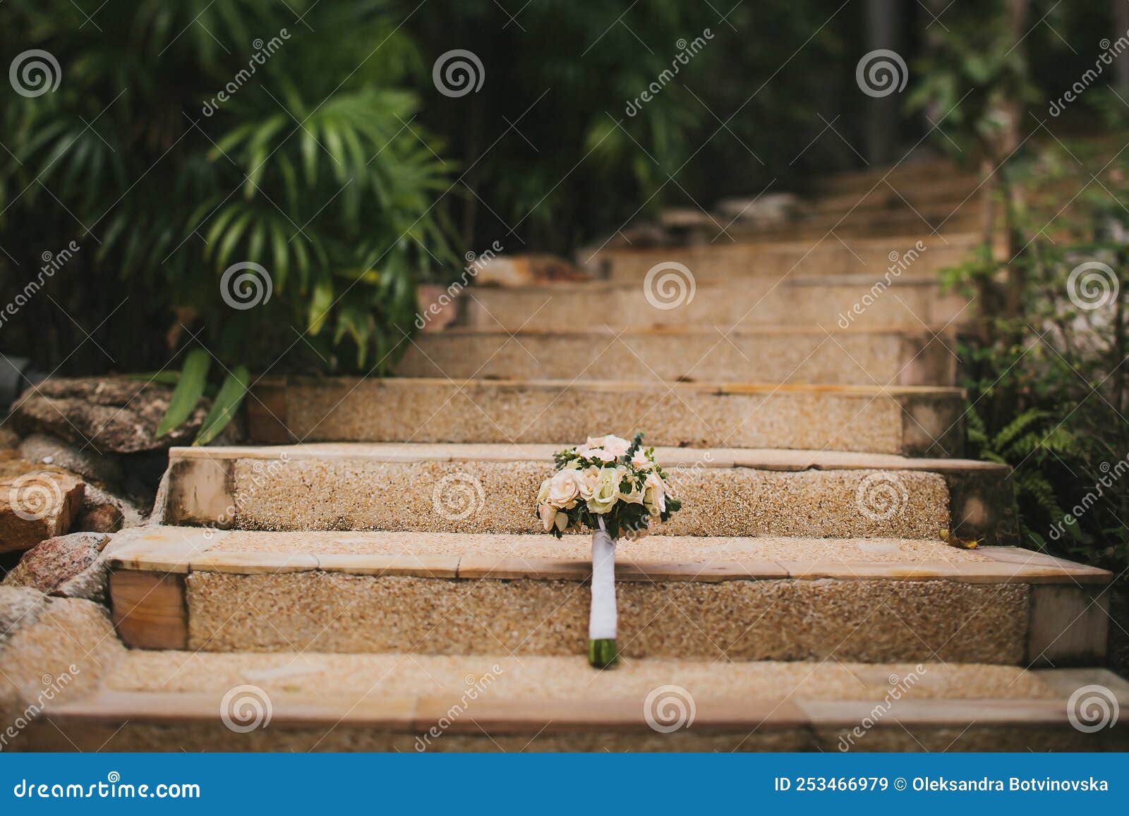 A Bright Wedding Bouquet Stands on Stone Steps Stock Image - Image of ...