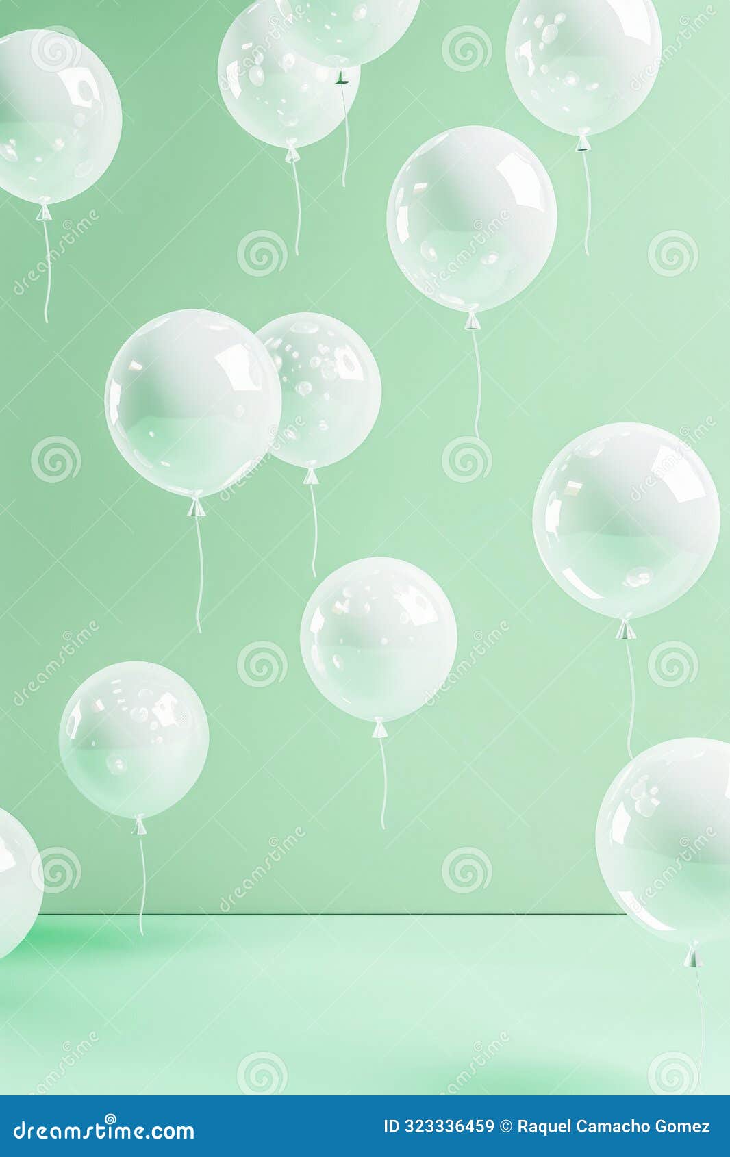 Bright White Balloons with String Floating on a Light Green Background ...