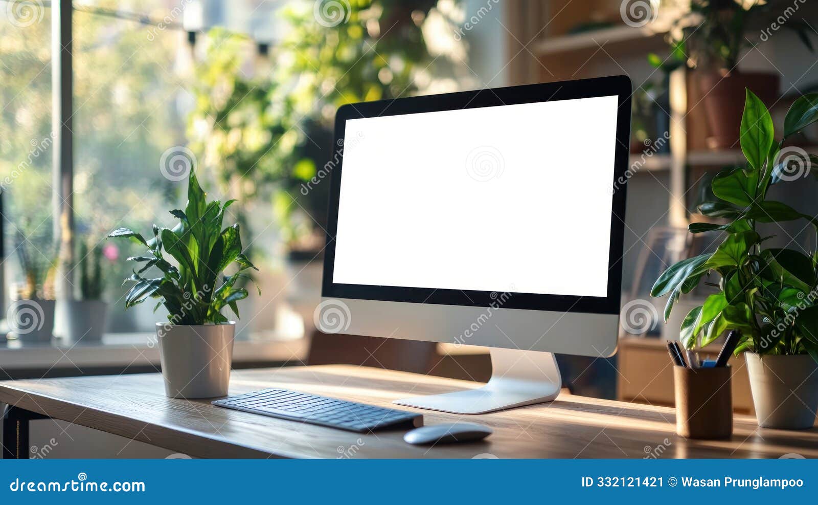 Bright Workspace with a Computer, Keyboard, and Green Plants Creating a ...