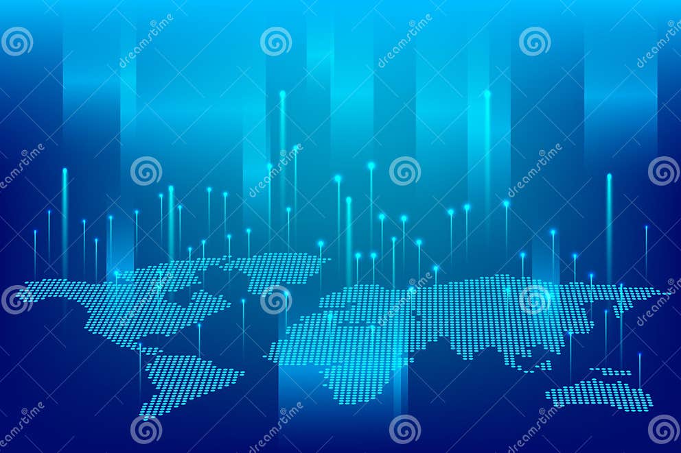 Bright World Map Formed by Glowing Points and Vertical Lines. Digital ...