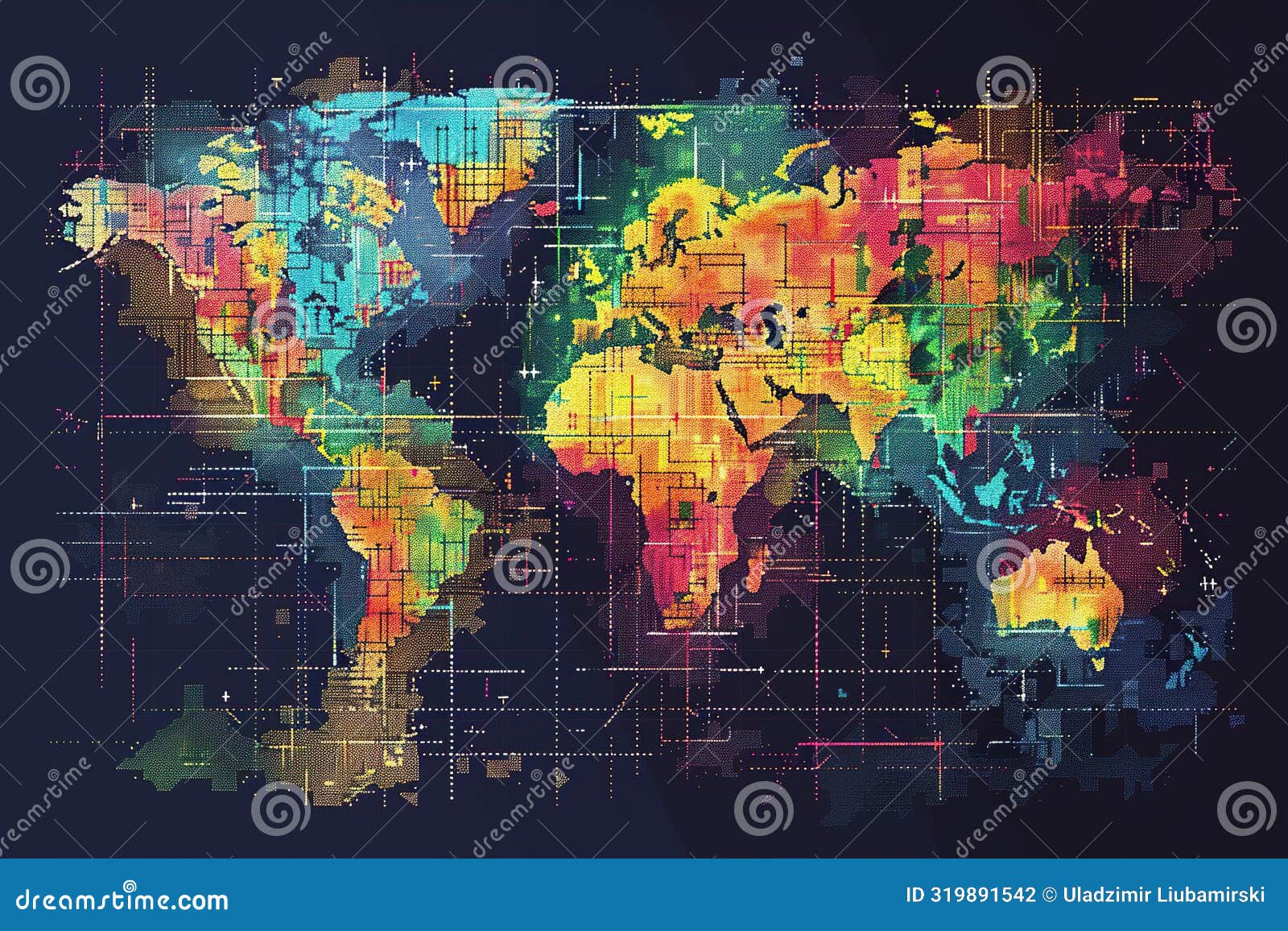 Bright World Map with Pixels and Lines on a Dark Blue Background ...