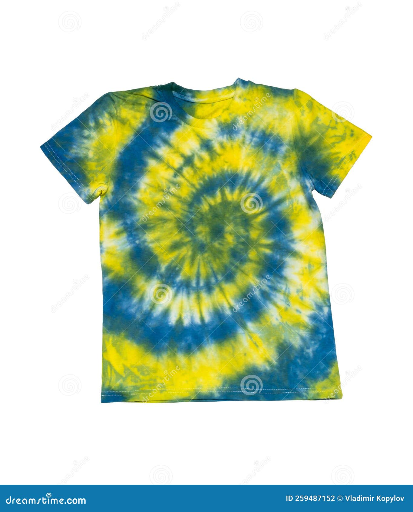 Bright Yellow And Blue Tie Dye T Shirt Isolated On A White Background