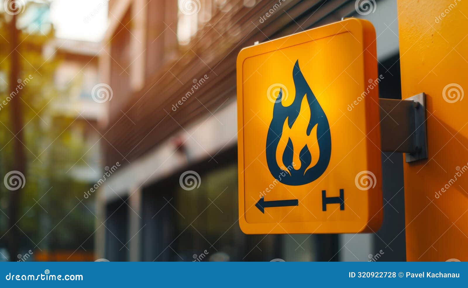 A Bright Yellow Fire Safety Sign with a Blue Flame Icon Stock Photo ...