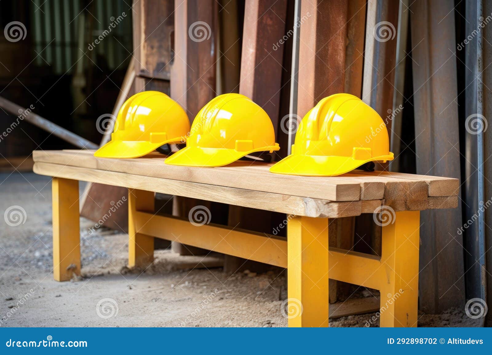 Bright Yellow Hard Hats on a Wooden Bench Stock Illustration ...