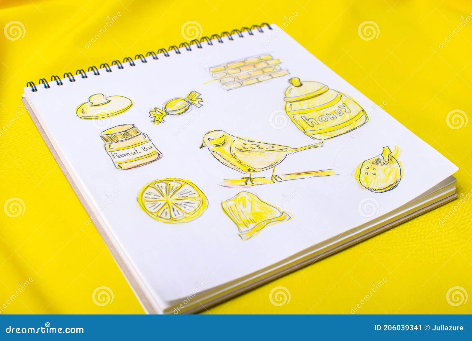 Bright Yellow Objects Sketched in Notebook. Stock Image - Image of ...