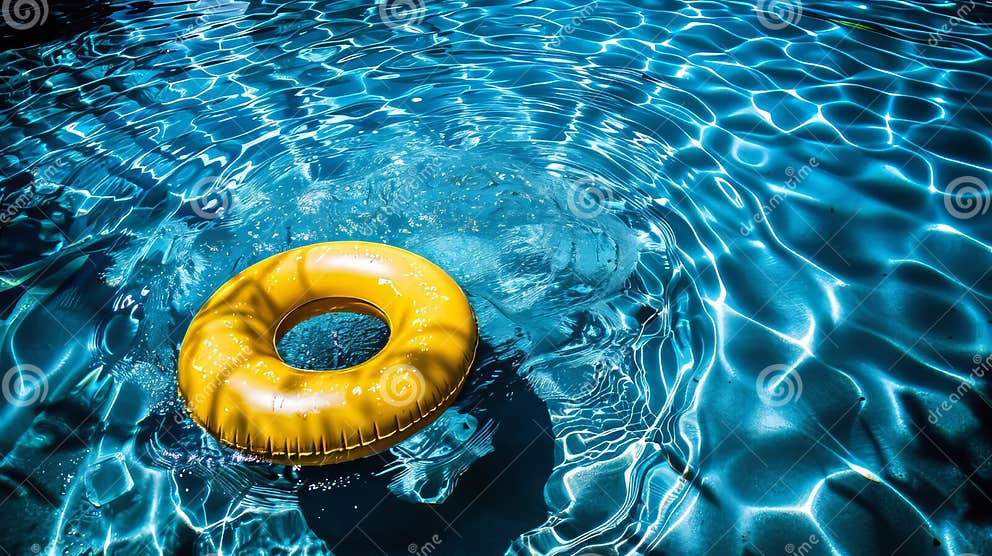 Bright Yellow Pool Float and Ring Serenely Floating in Refreshing Blue ...
