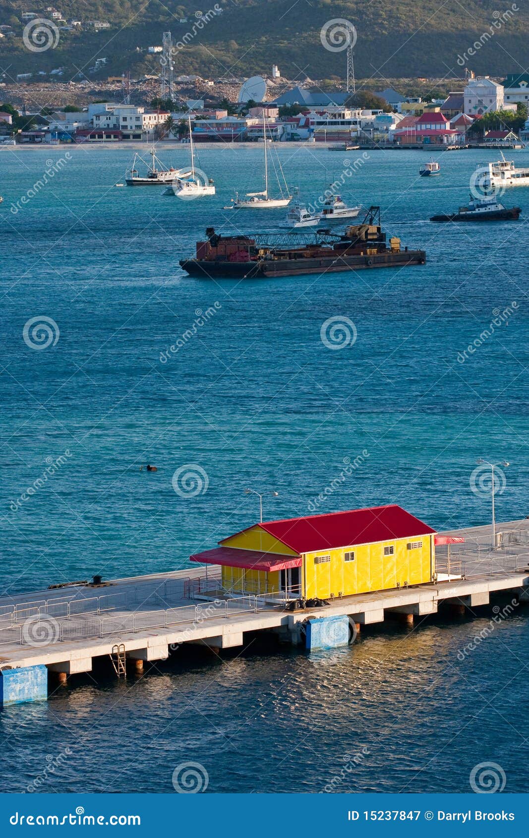 Bright Yellow and Red Building on Pier in Harbor Stock Image - Image of ...
