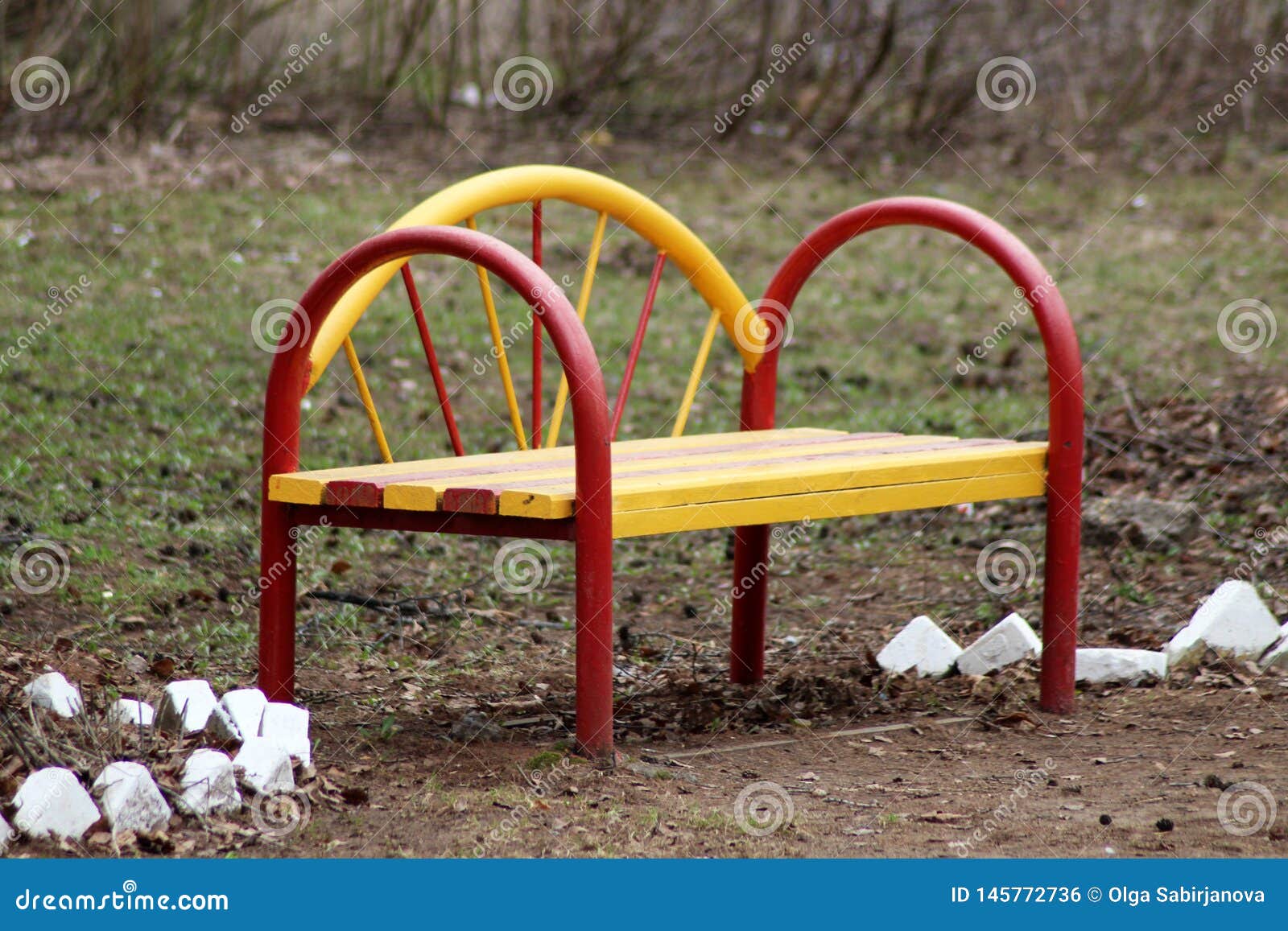 Bright Yellow-red Park Bench Stock Photo - Image of rest, summer: 145772736