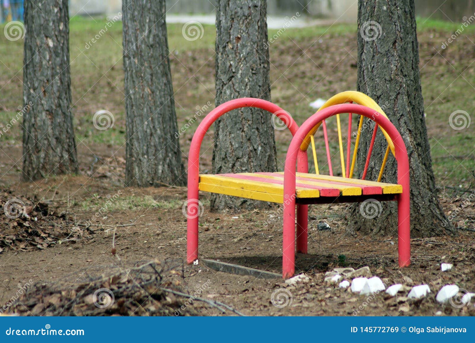 Bright Yellow-red Park Bench in the Park Stock Image - Image of park ...