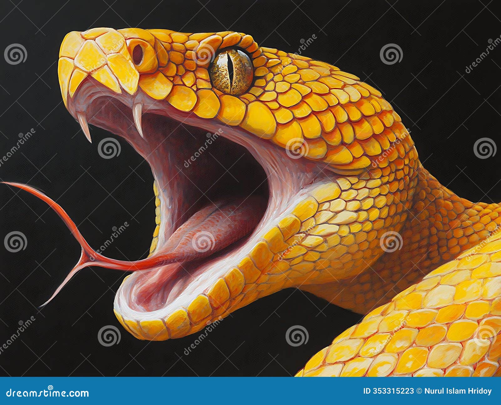 Bright Yellow Snake with Fangs and Tongue Displayed in Intimidating ...